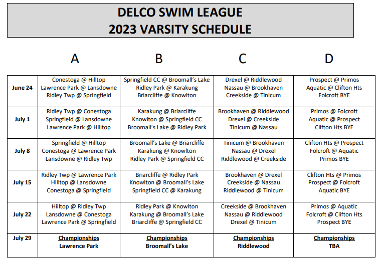 Delco Swimming & Diving League - Schedule